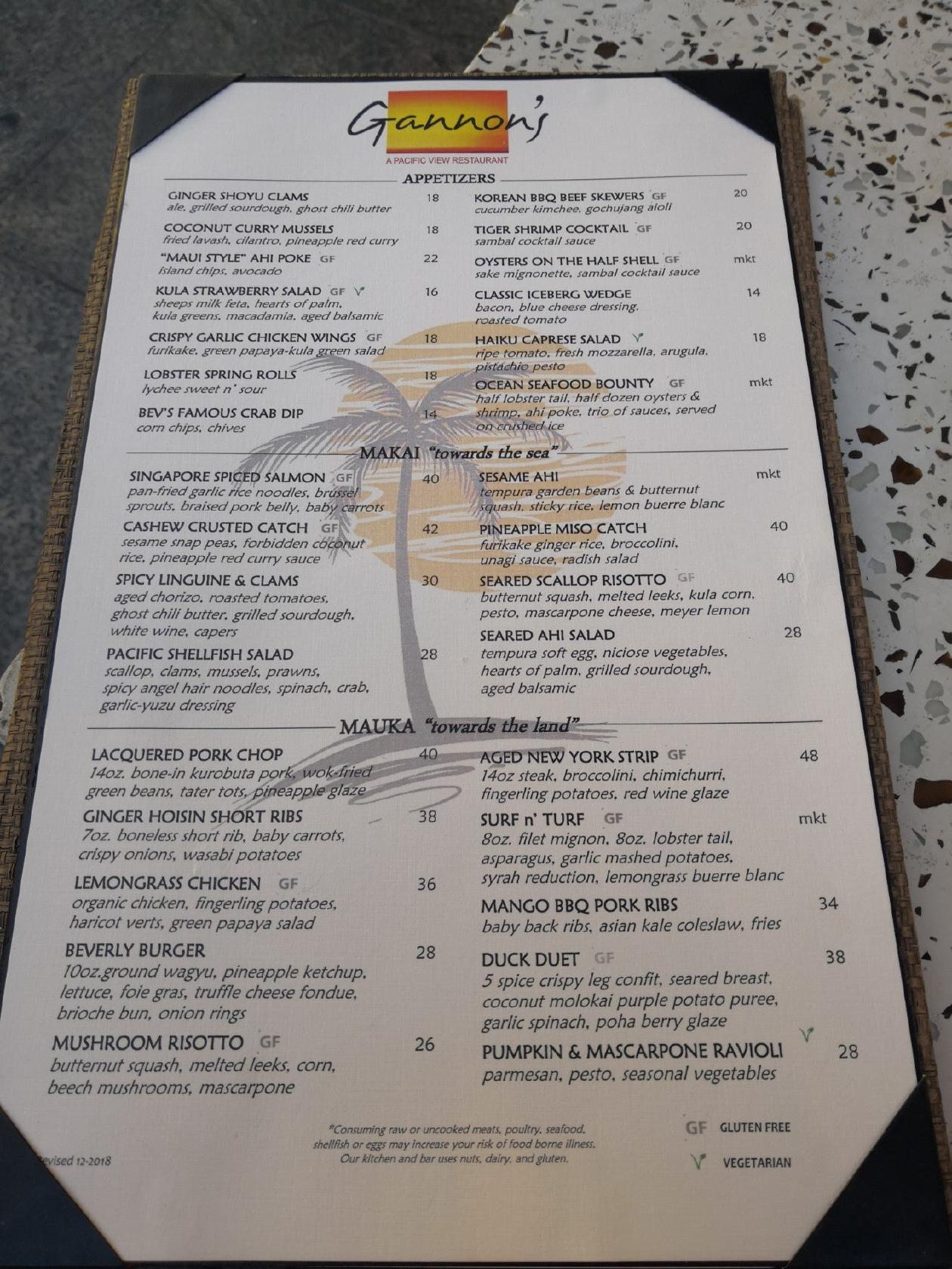 Menu at Gannon’s restaurant, Wailea-Makena