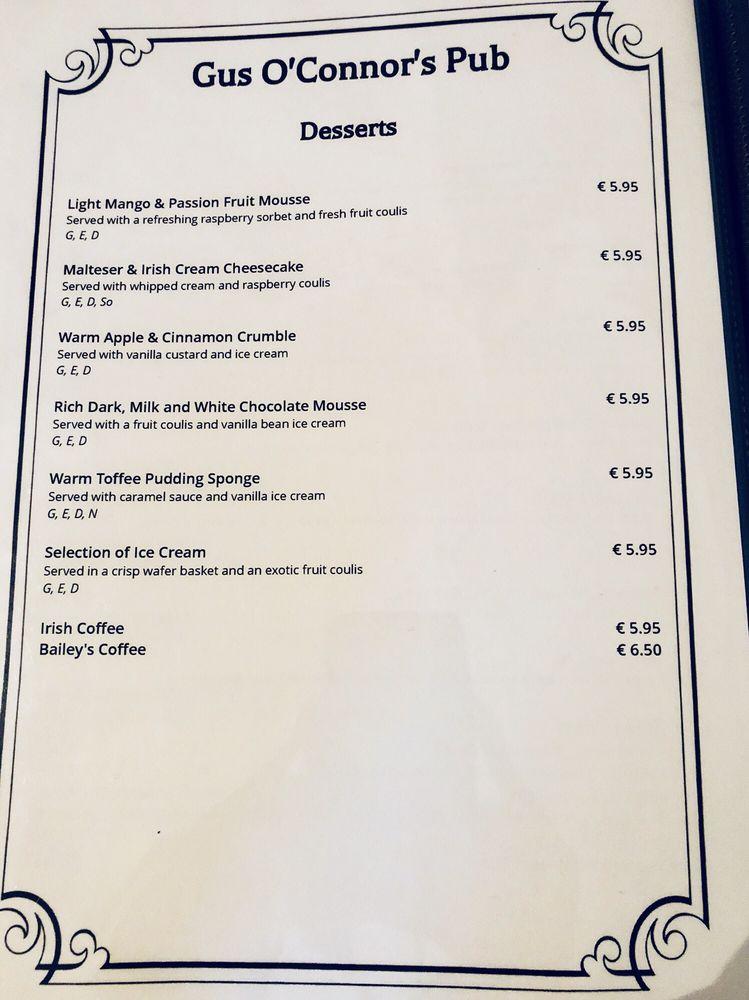 Menu at Gus O'Connor's Pub, Doolin