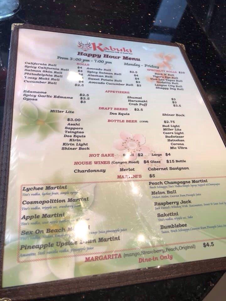 Menu at Kabuki restaurant, League City