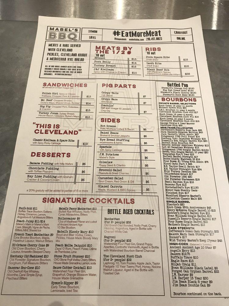 Menu at Mabel's BBQ, Cleveland