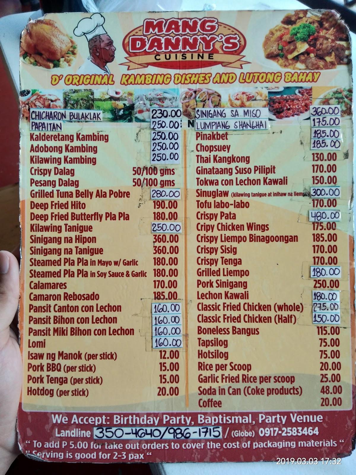 Menu at Mang Danny's Cuisine restaurant, Marikina, Block 4