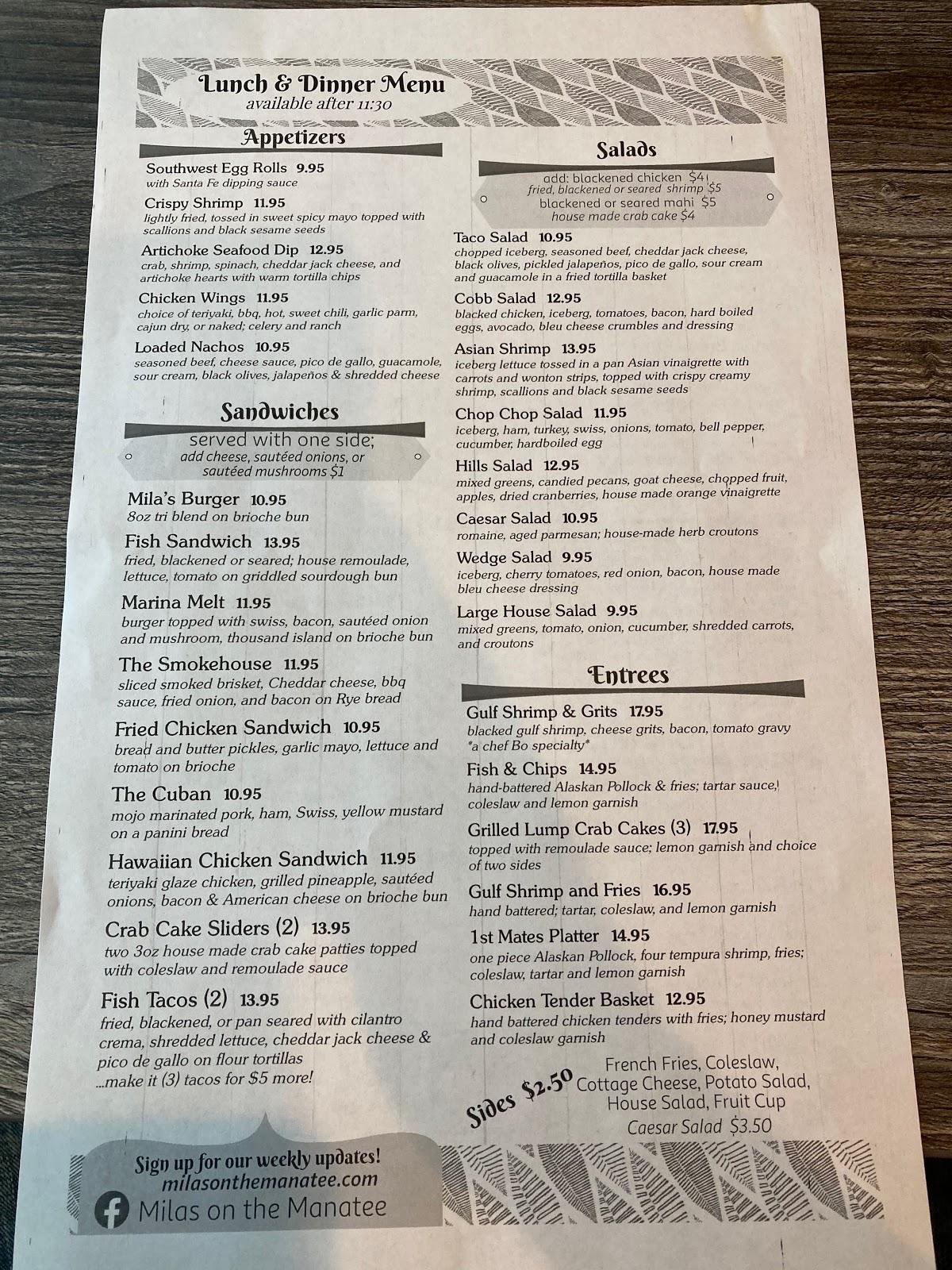 Menu at Mila’s on the Manatee restaurant, Palmetto
