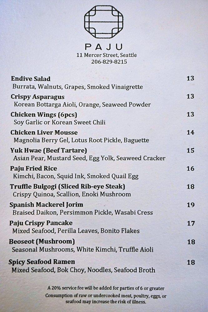 Menu at Paju restaurant, Seattle