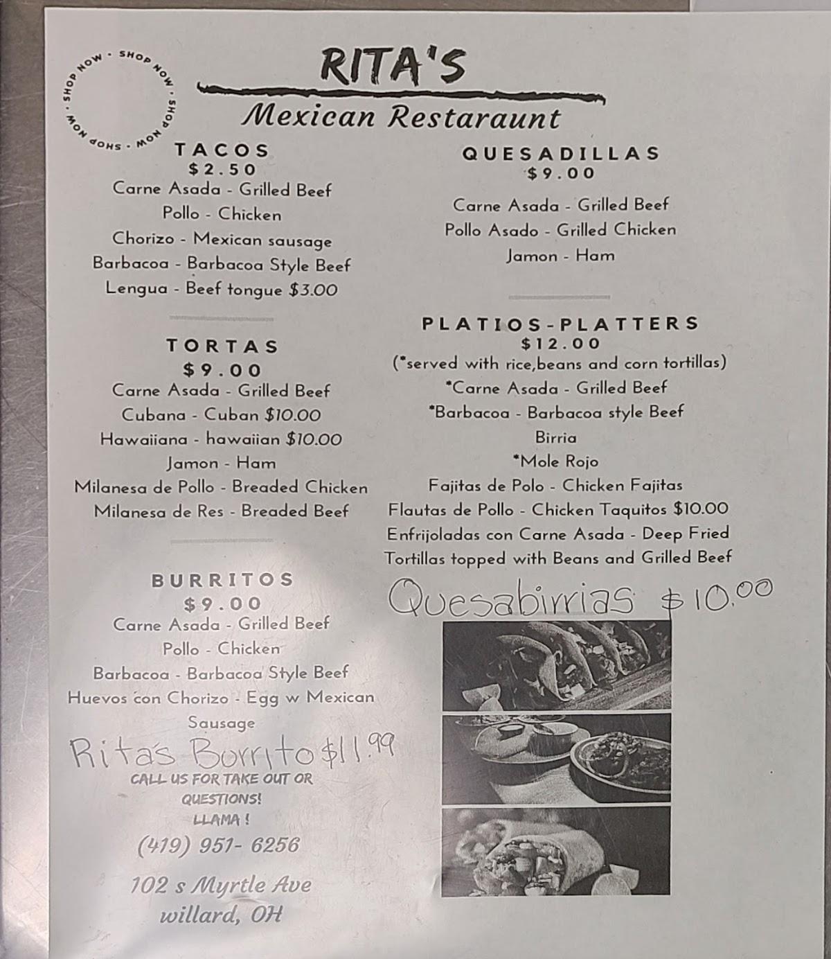 Menu at RITA'S MEXICAN RESTAURANT LLC, Willard