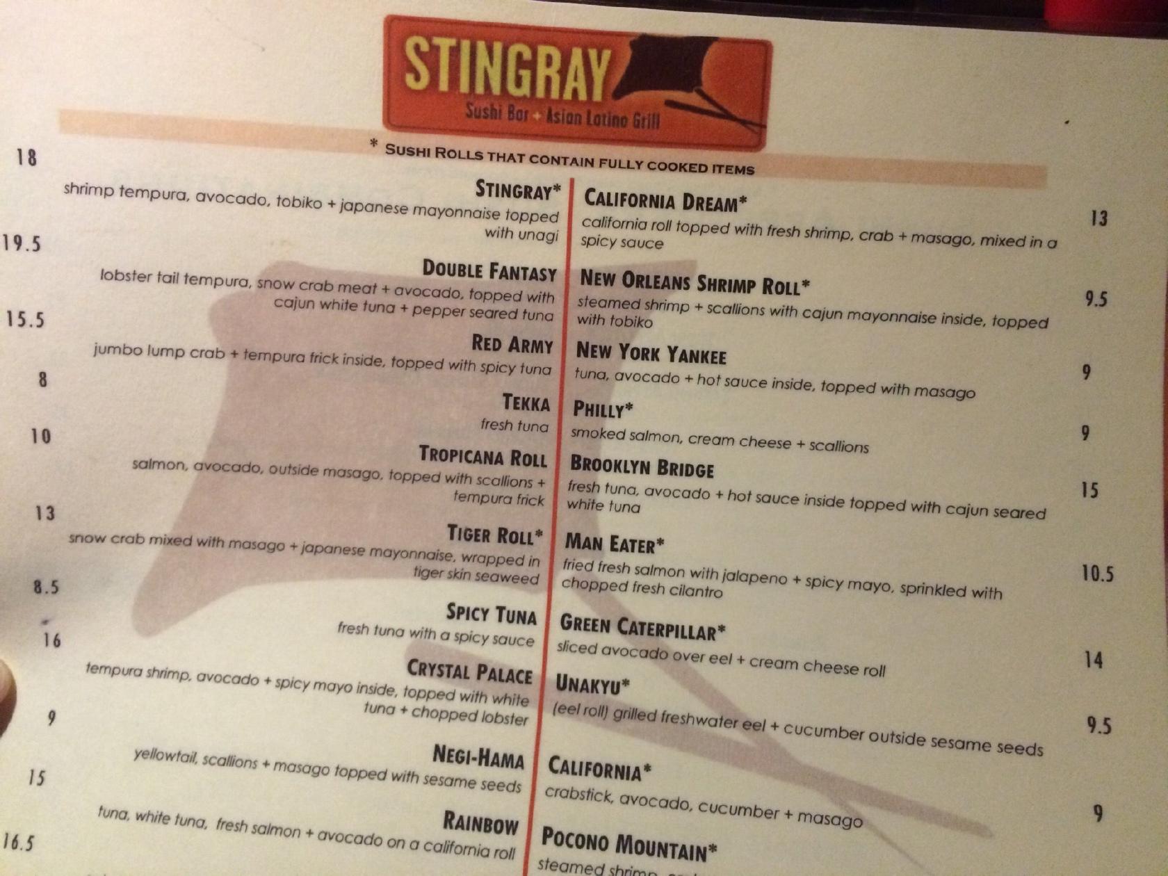 Menu at Stingray Sushi Bar + Asian Grill, Rehoboth Beach