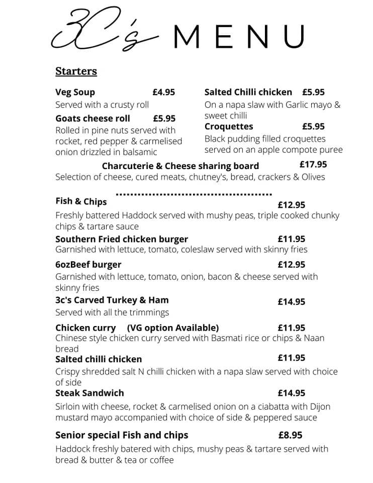Menu at The 3 C's Social Club, Belfast