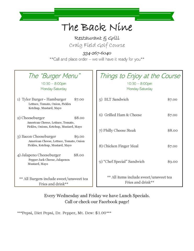 Menu at The Back Nine restaurant, Selma