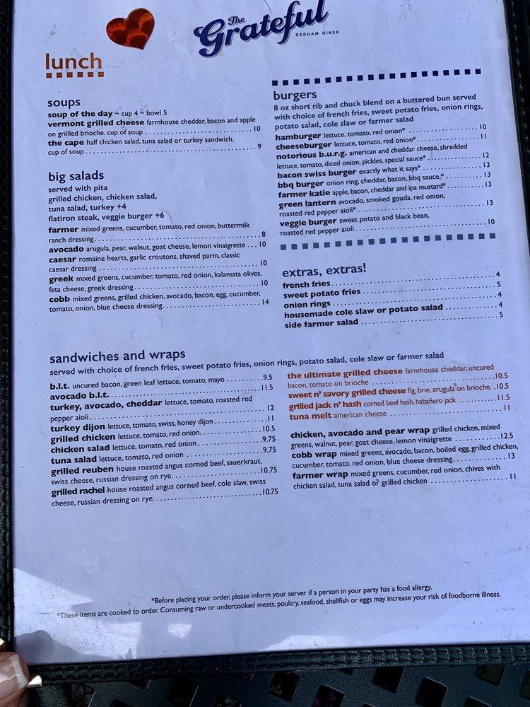 Menu at The Grateful Dedham Diner restaurant, Dedham