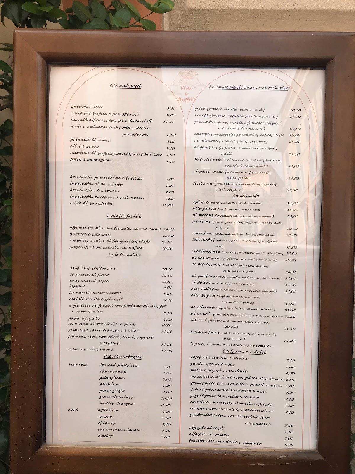 Menu at Vini e Buffet - Enoteca e Ristorante, Rome