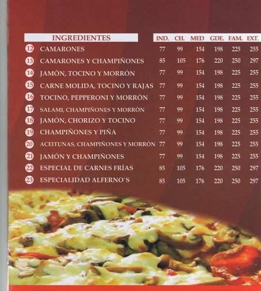 Menu at Alferno's restaurant, Aguascalientes