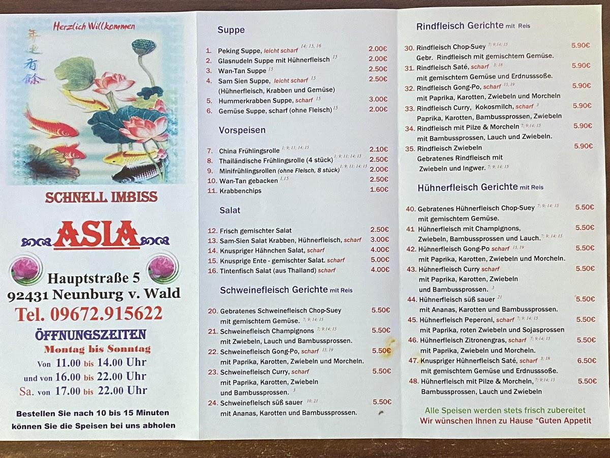 Menu at Asia Imbiss restaurant, Neunburg vorm Wald