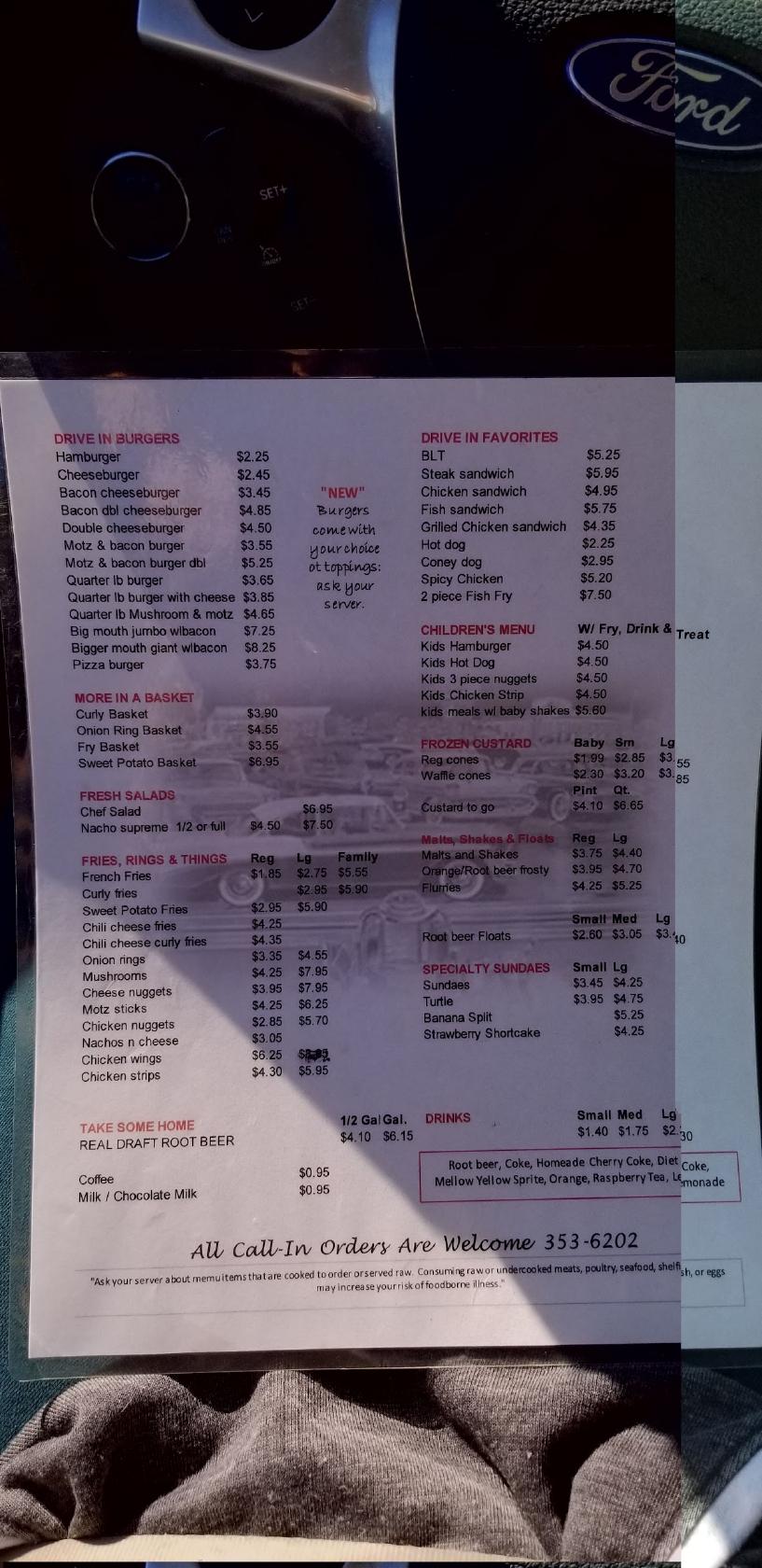 Menu at Baraga Drive-In, Baraga, S Superior Ave