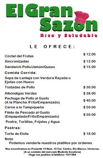 Menu at El Gran Sazón restaurant, Río Blanco