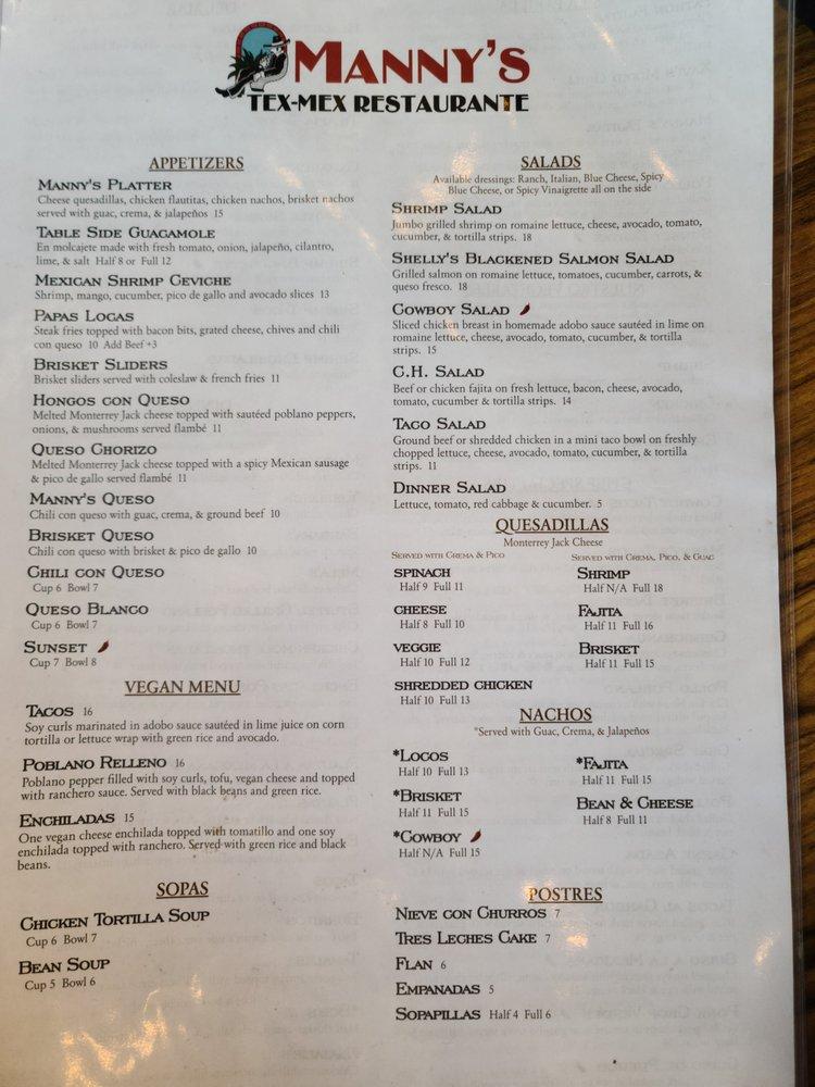 Menu at Manny's Tex-Mex restaurant, Heath