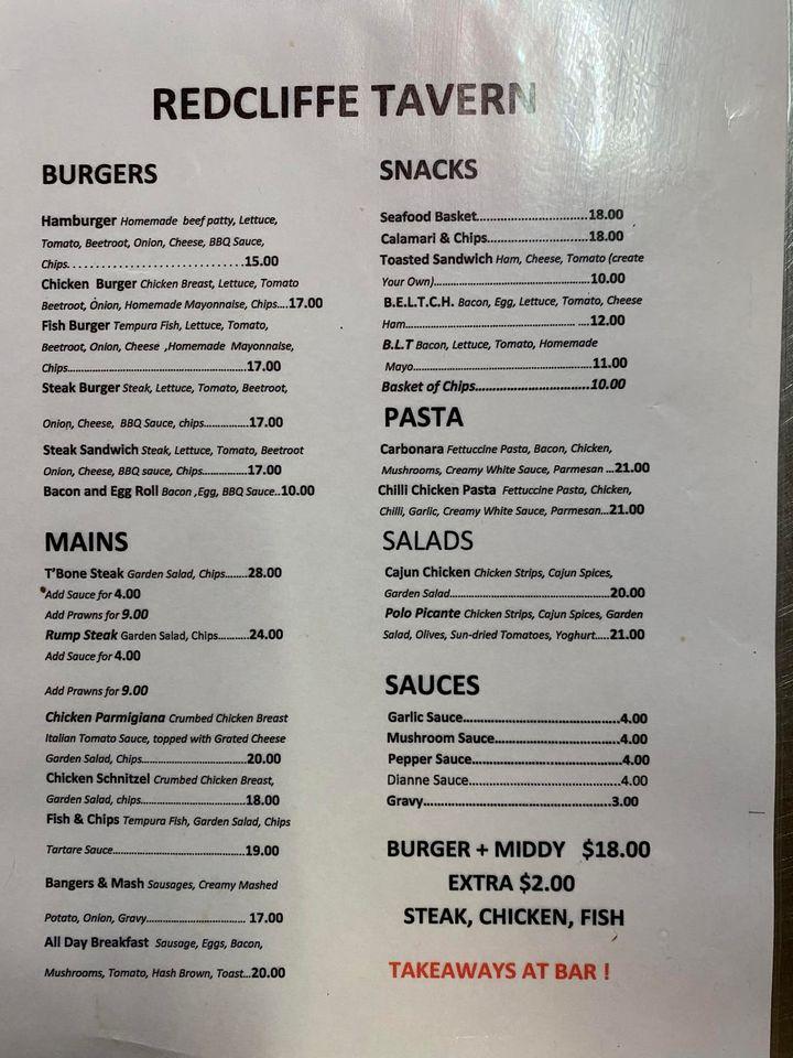 Menu at Redcliffe Tavern pub & bar, Redcliffe
