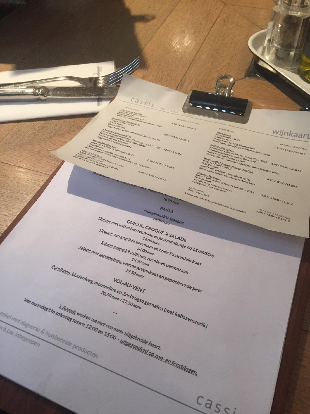 Menu au Restaurant Cassis, Gand