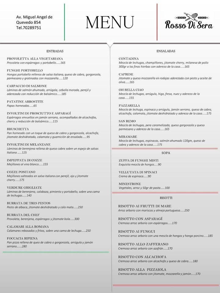 Carta del restaurante Rosso di Sera, Ciudad del México