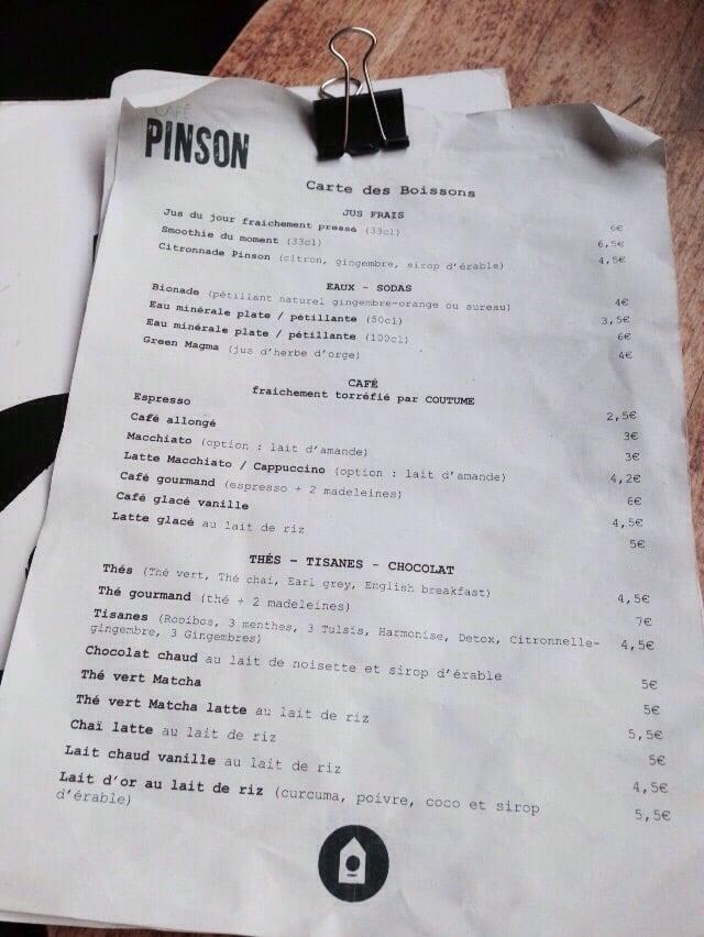 Menu at Café Pinson, Paris, 6 Rue du Forez