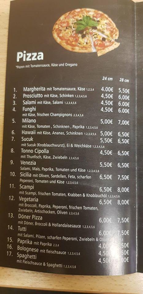 Menu at Die Stadt Pizzeria, Germany
