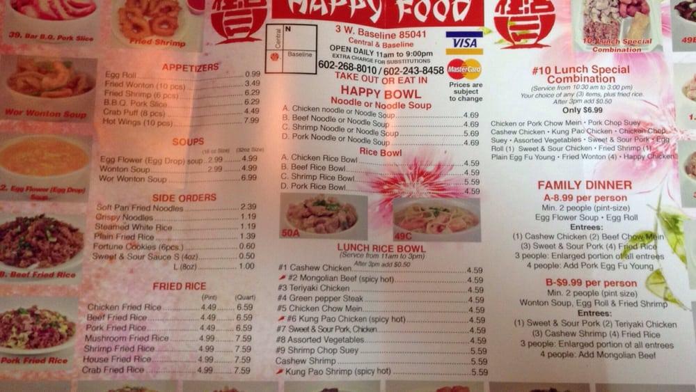 Menu at Happy Food Restaurant, Phoenix, 3 W Baseline Rd