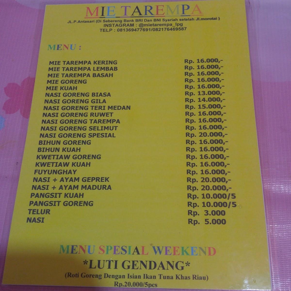 Menu at Mie Tarempa cafe, Bandar Lampung