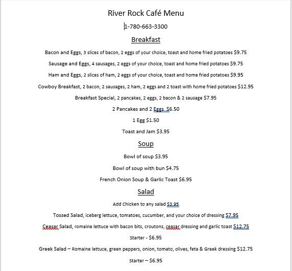 Menu at River Rock Cafe, Ryley
