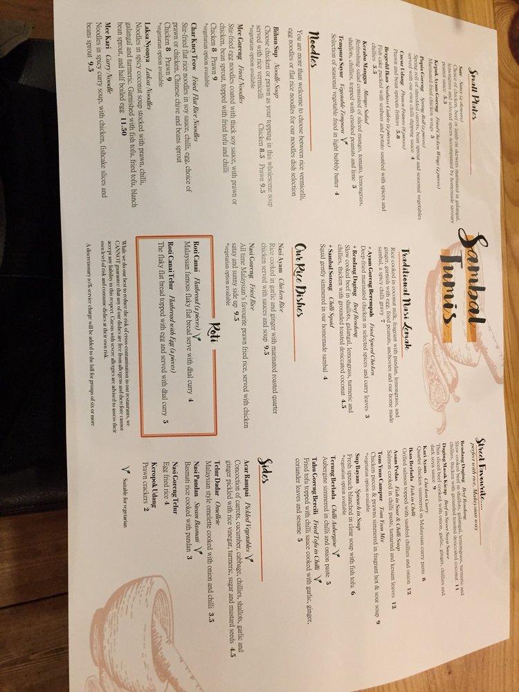 Menu at Sambal Tumis restaurant, Bournemouth