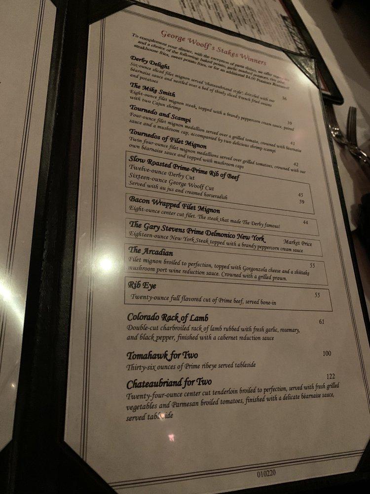 Menu at The Derby steakhouse, Arcadia