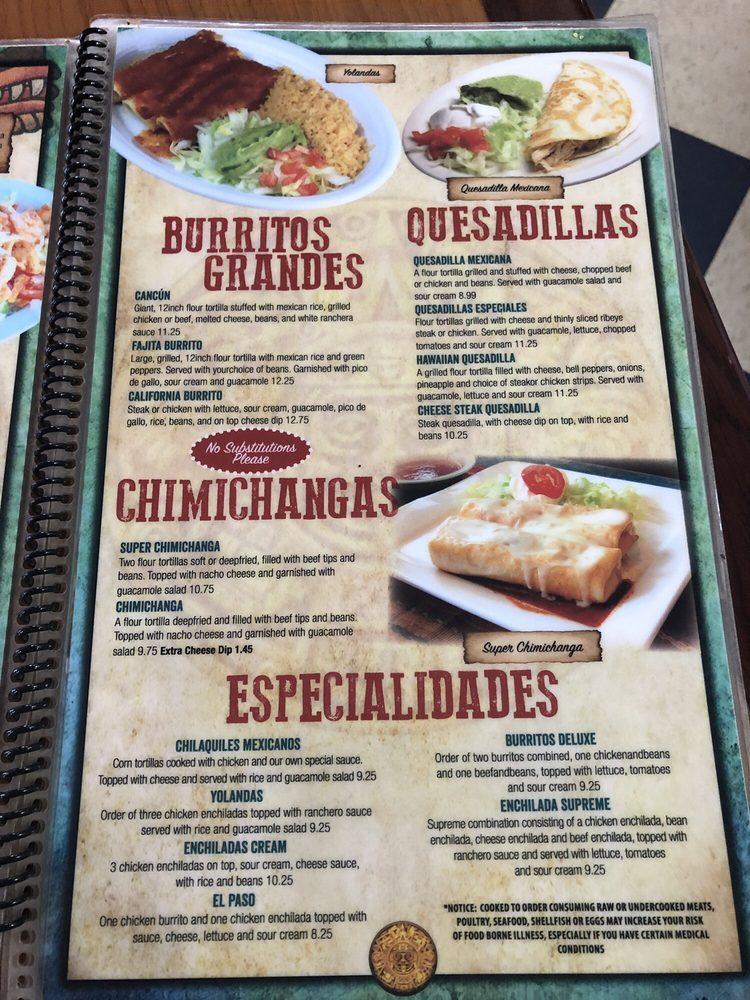 Menu at Azteca Grill restaurant, Lake Wylie