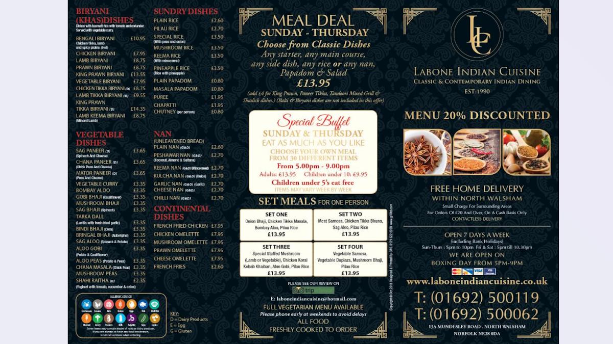 Menu at Labone Indian Cuisine North Walsham restaurant, North Walsham ...