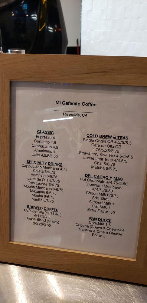 Menu at Mi cafecito, Riverside