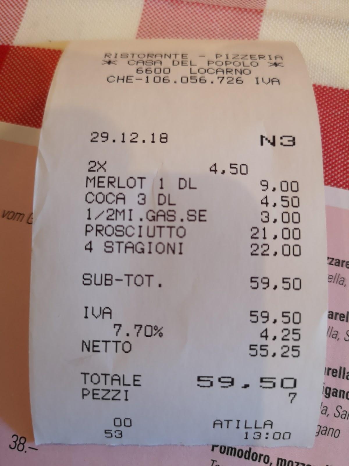 Speisekarte von Casa del Popolo, Locarno