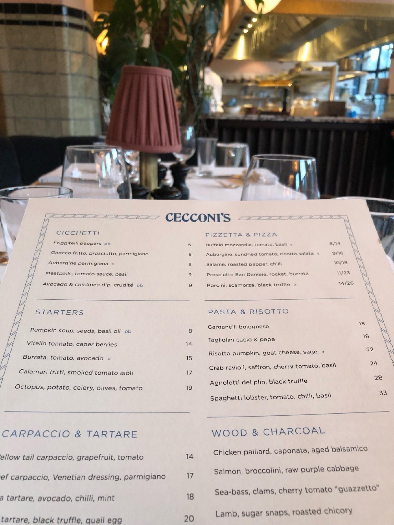 Menu at Cecconi’s Amsterdam, Amsterdam