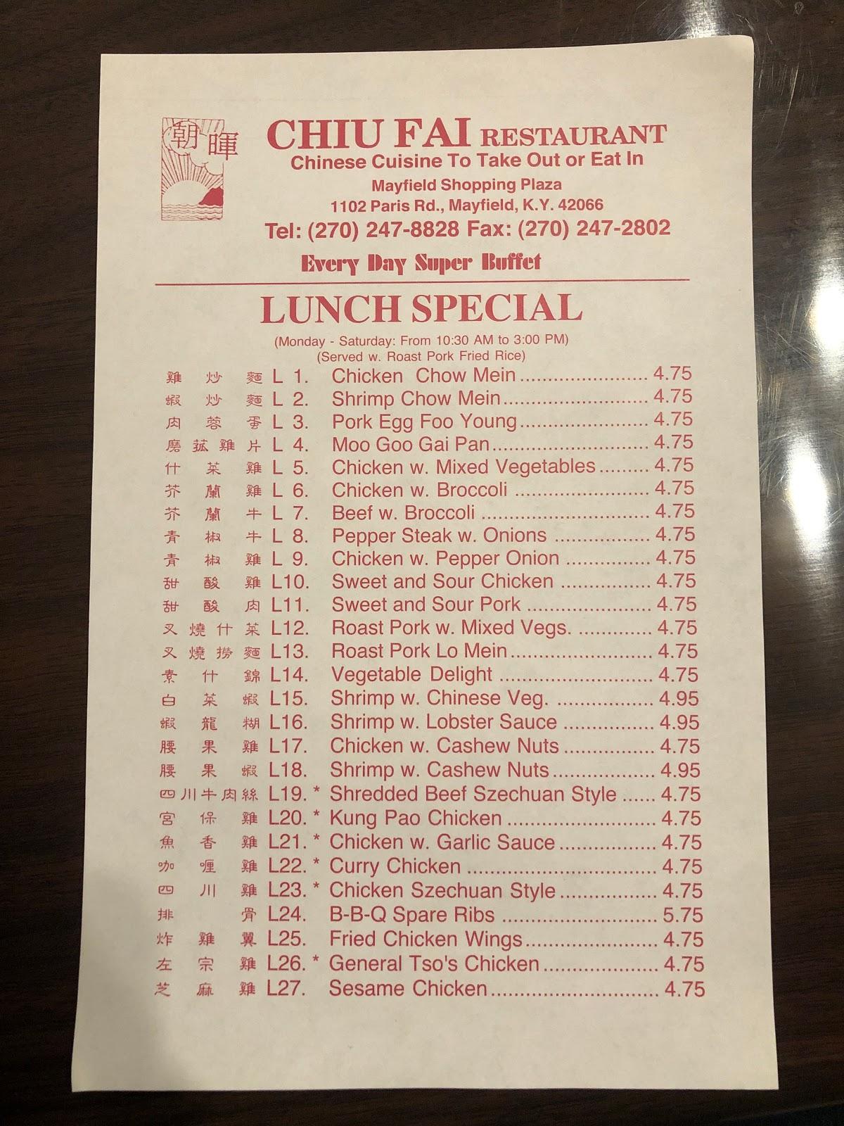 Menu at Chiu Fai restaurant, Mayfield