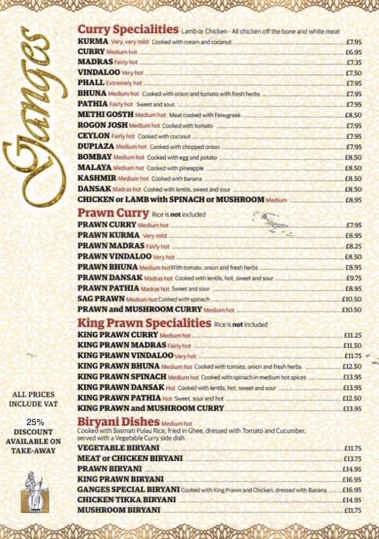 Menu at Ganges restaurant, Truro