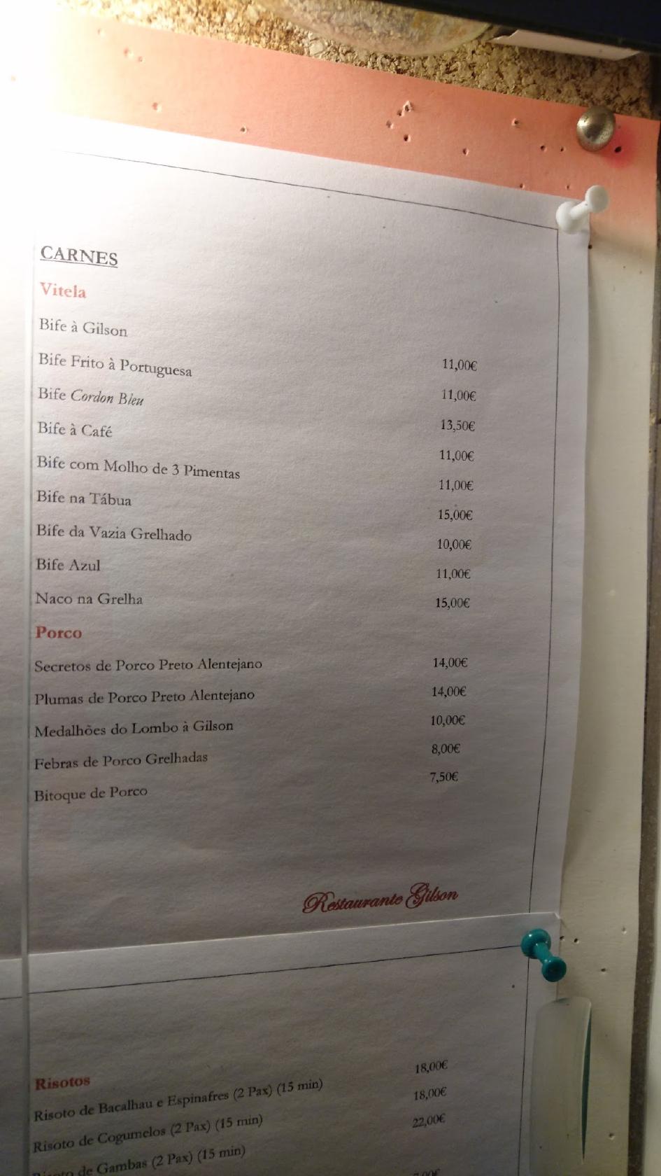 Menu em Gilson restaurante, Montijo