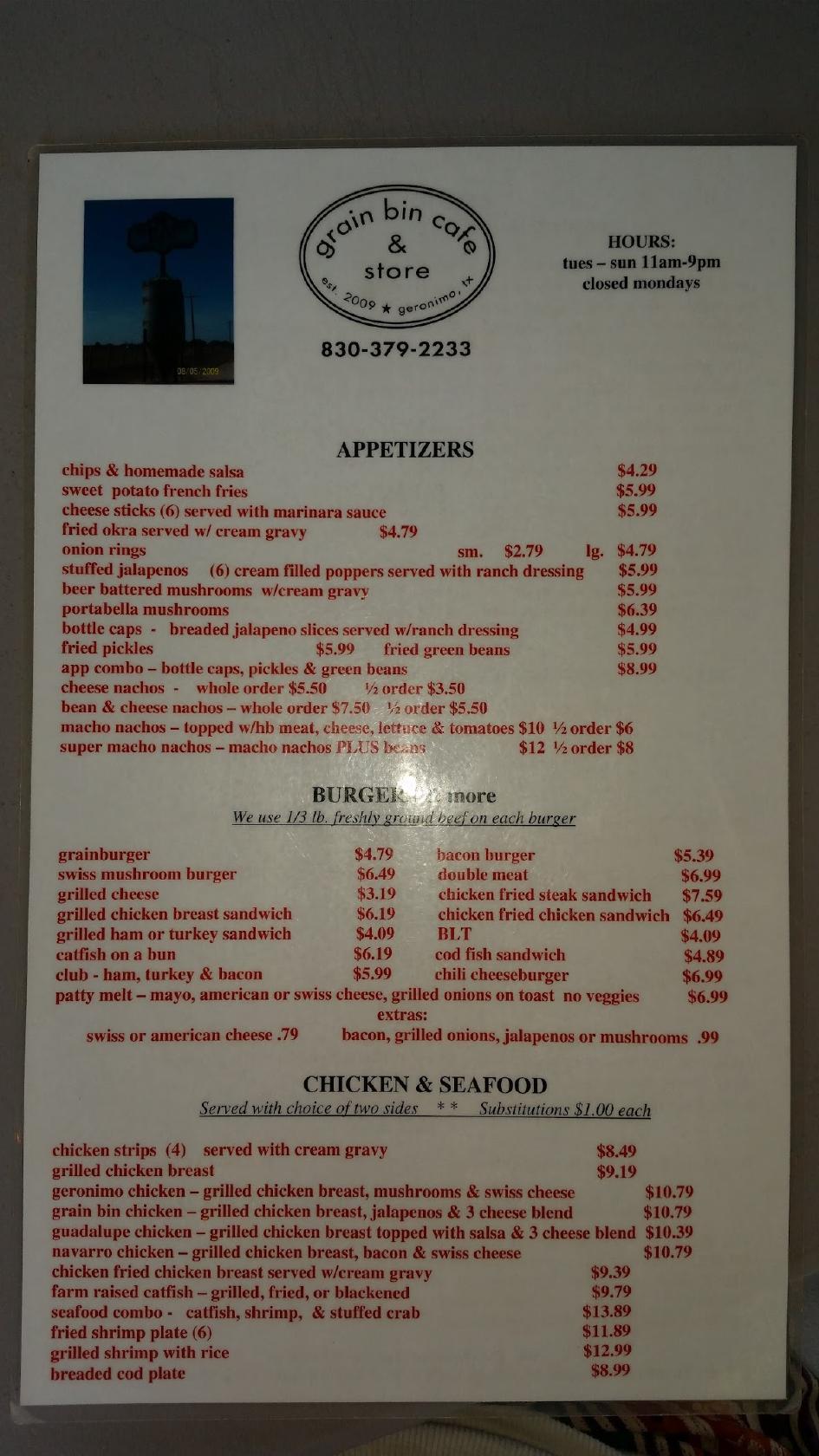 Menu at Grain Bin Cafe & Store, Seguin