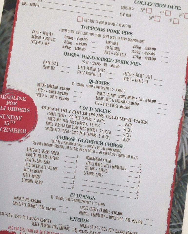 Menu at Oakes Farm Shop cafe, Coventry