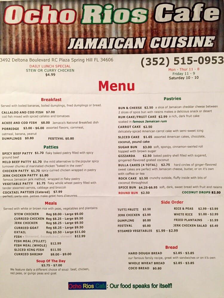 Menu at Ocho Rios cafe, Spring Hill