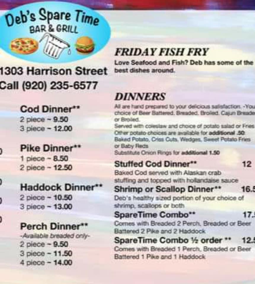 Menu at Deb's Spare Time pub & bar, Oshkosh
