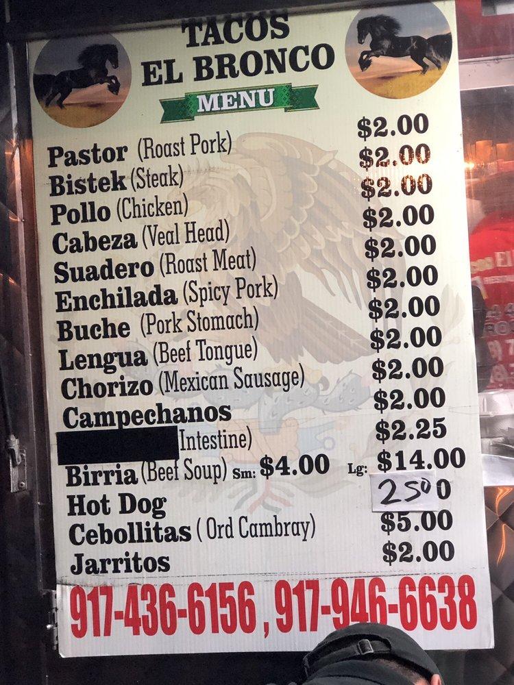 Menu at Tacos El Bronco restaurant, New York City, 860 5th Ave