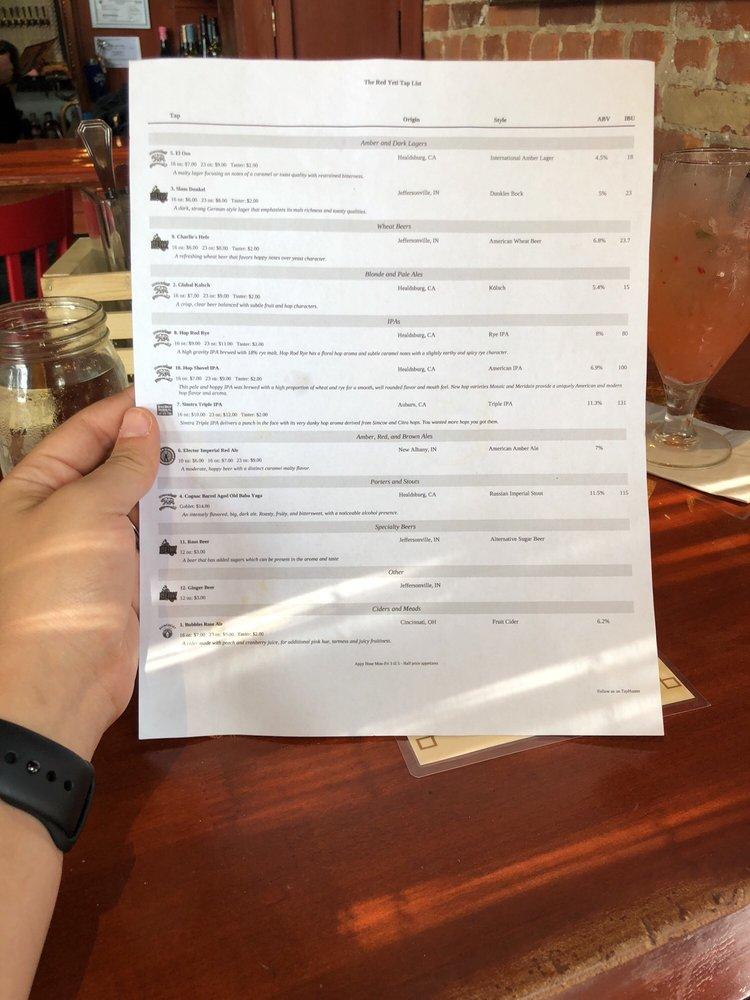 Menu at Red Yeti pub & bar, Jeffersonville