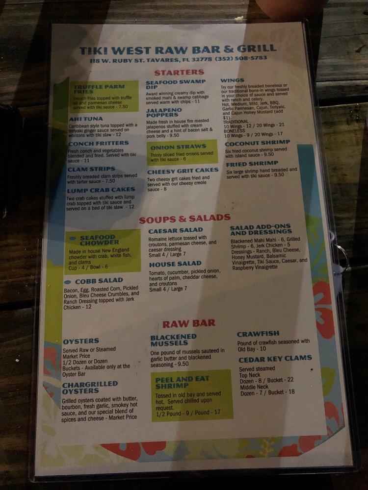 Menu at Tiki West Raw Bar and Grill, Tavares