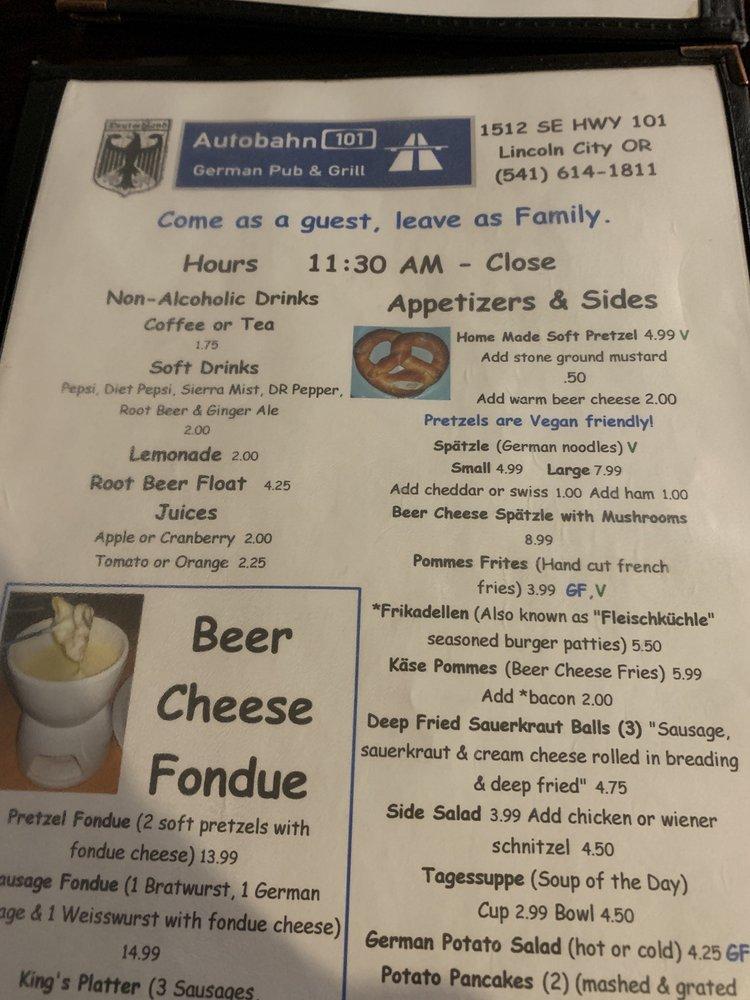 Menu at Autobahn 101 pub & bar, Lincoln City