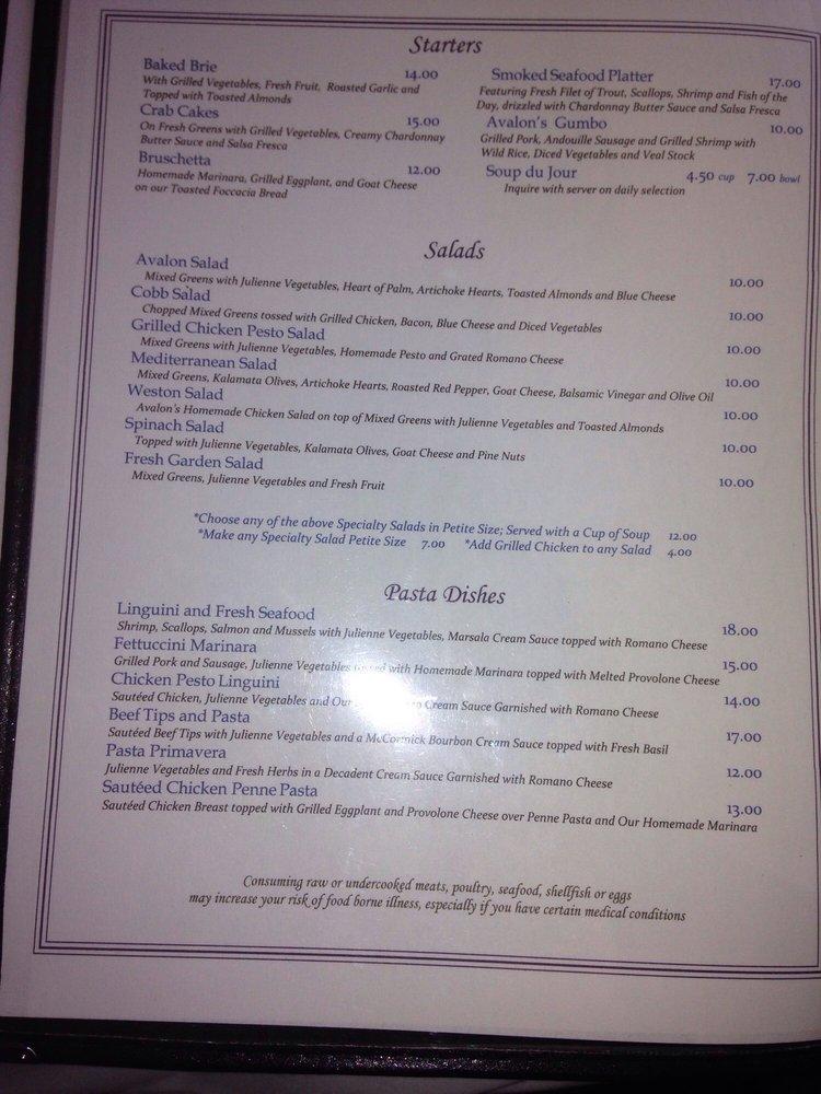 Menu at Avalon Cafe, Weston