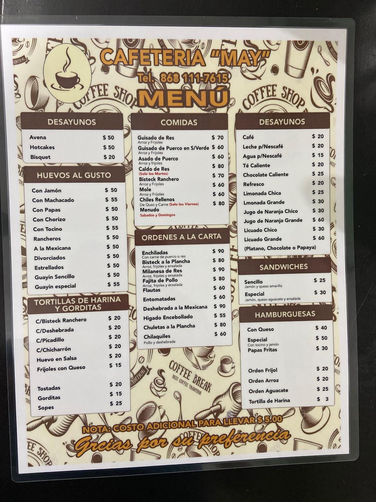 Menu at Cafetería May, Matamoros