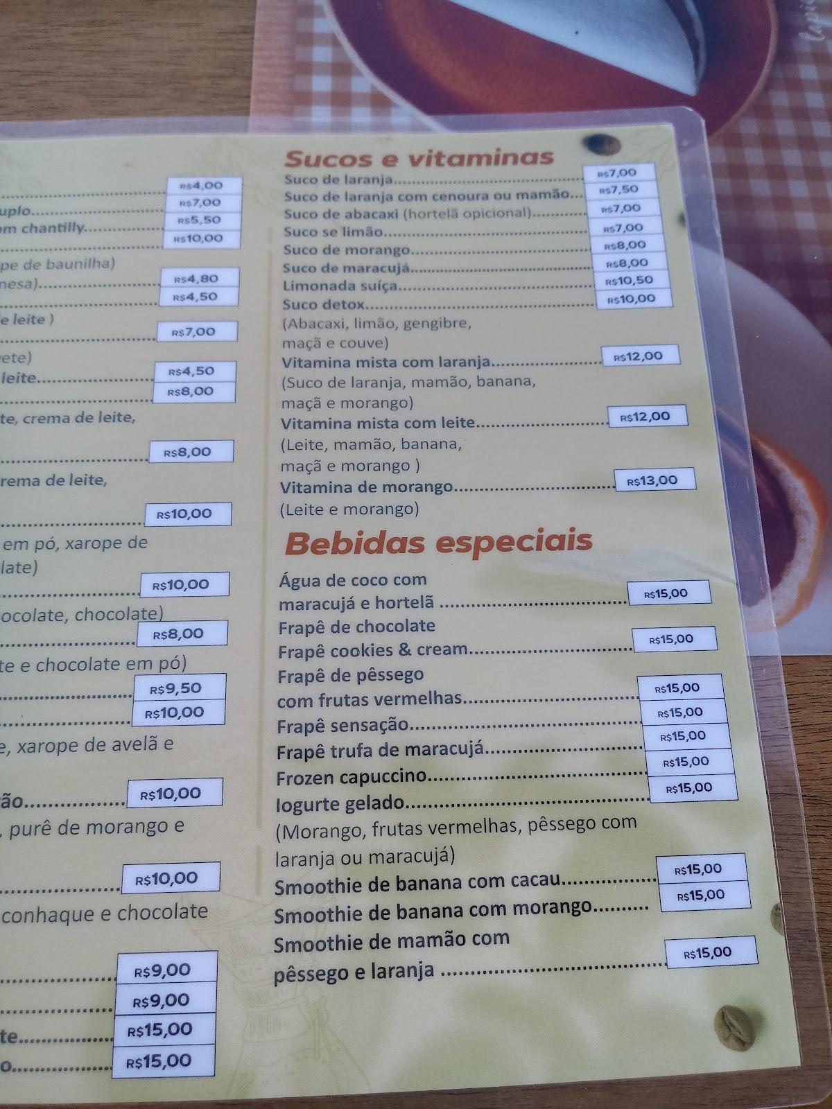 Menu em Cafeteria e Confeitaria do Leite, Brodowski