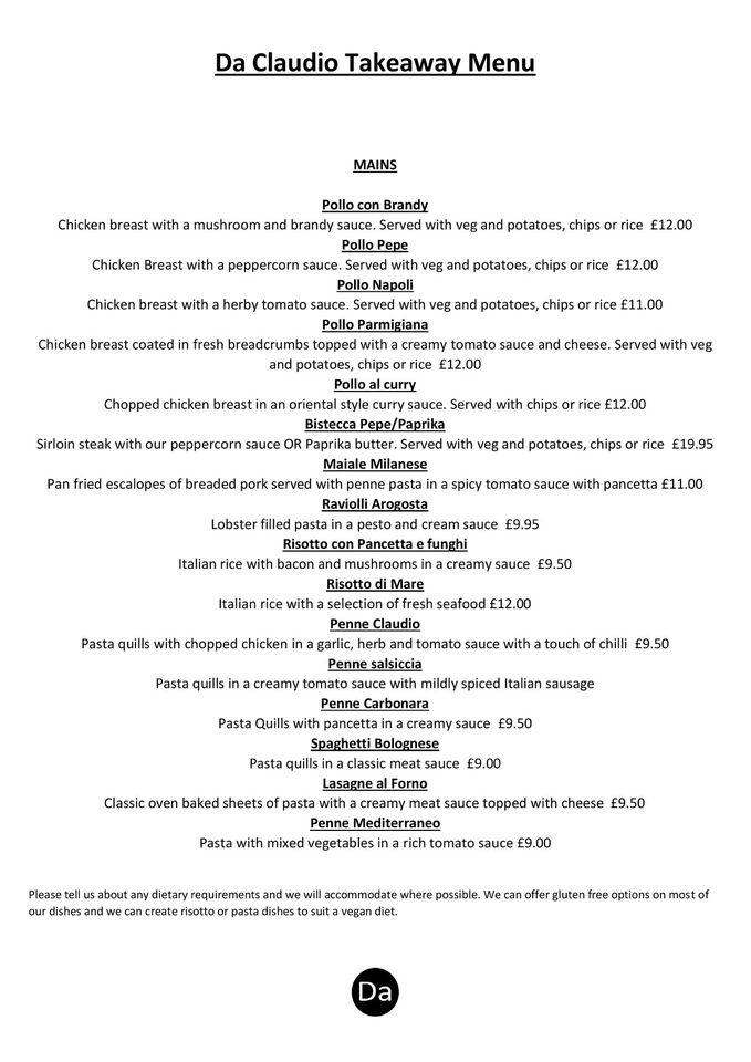 Menu at Da Claudio restaurant, Motherwell