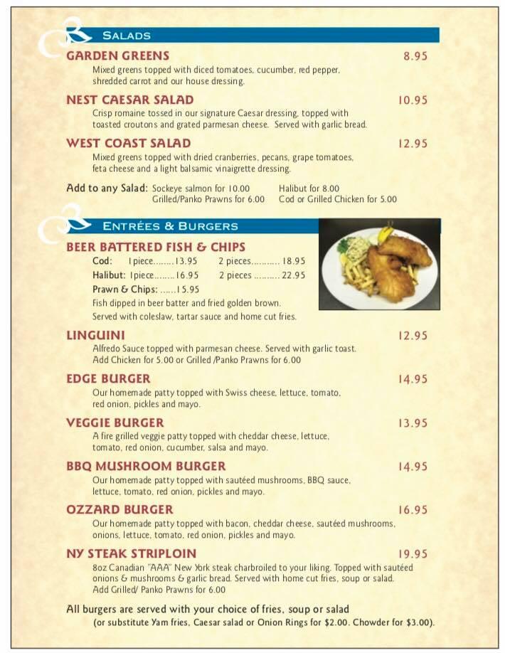 Menu at Eagle's Nest Pub, Ucluelet