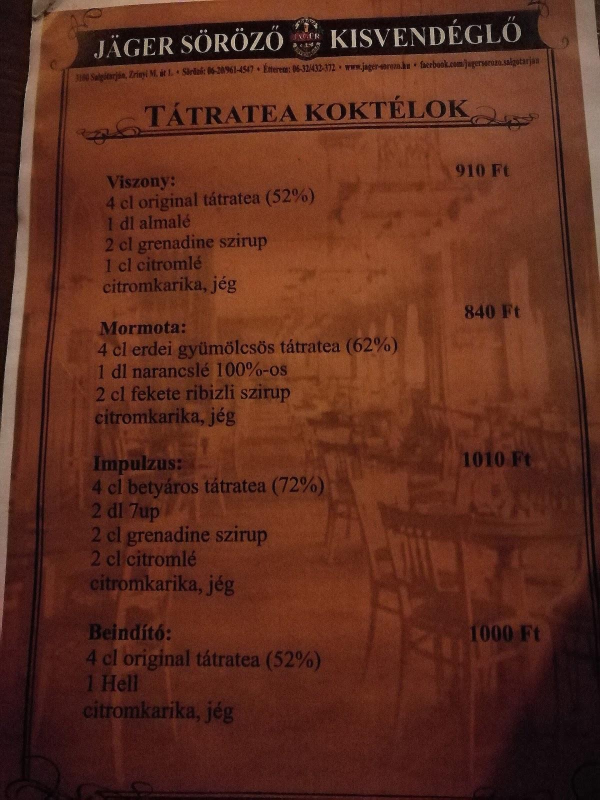 Menu at Jager söröző és kisvendéglő restaurant, Salgótarján